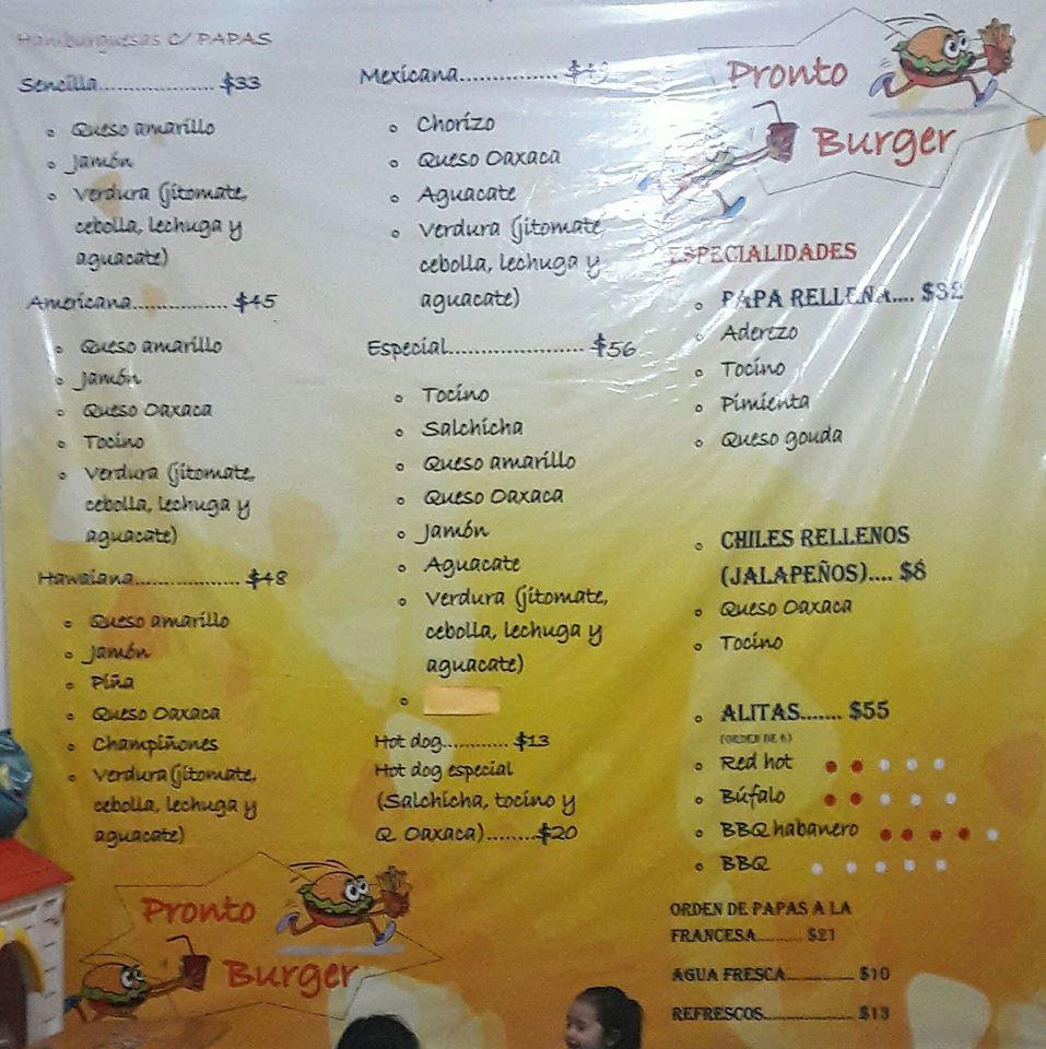 Menu at Pronto burger restaurant, Morelia