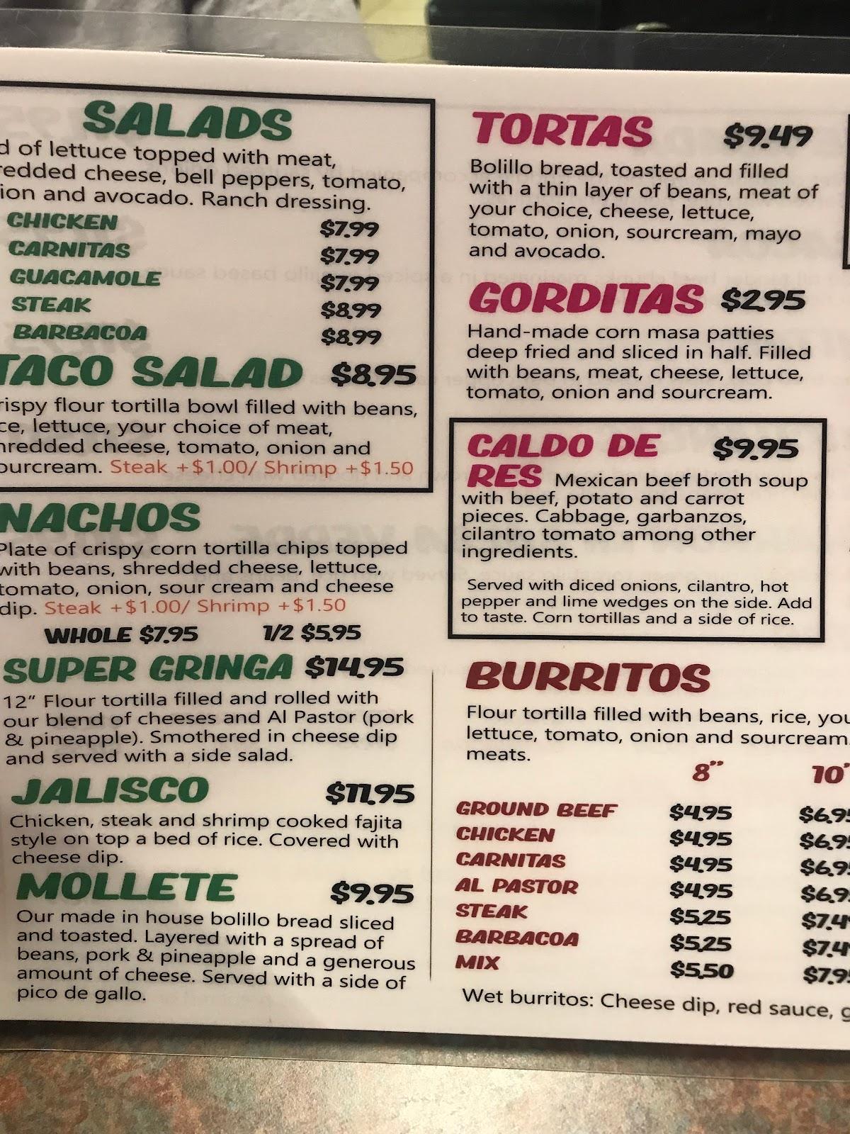 Menu at Taco Express Latinoamericana restaurant, Hopkinsville