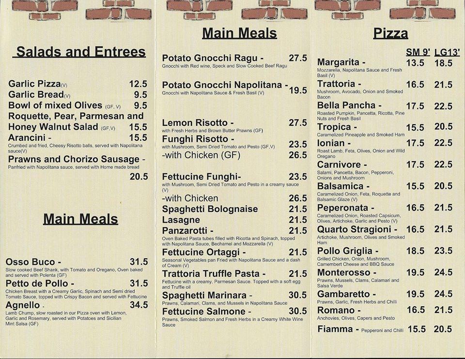 Menu at Terracotta Trattoria Italian Restaurant, Wauchope