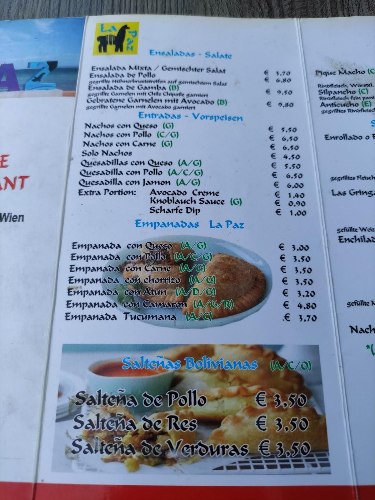 Menu at La Paz restaurant, Vienna