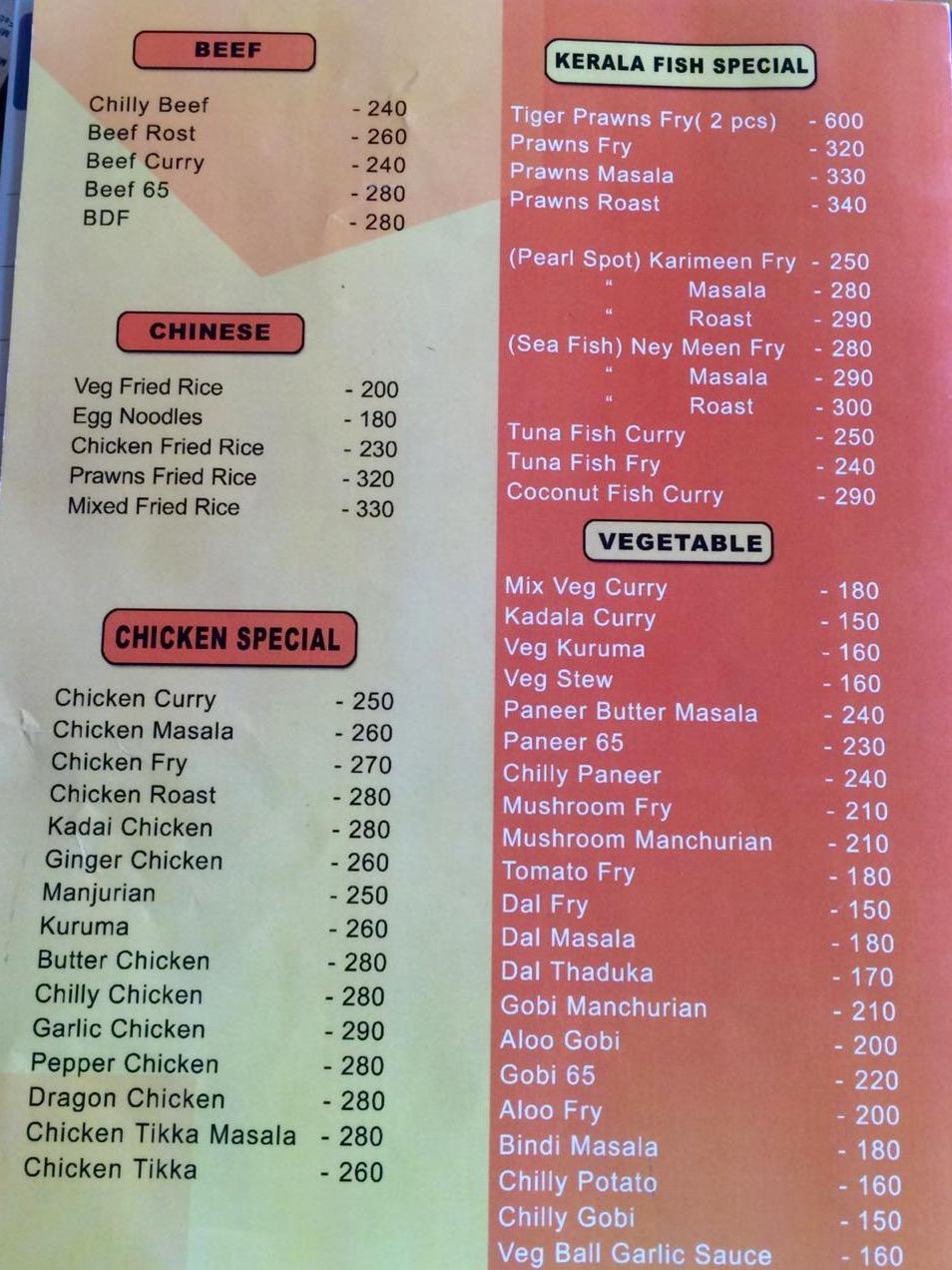 Menu at Lake Paradise Restaurant, Alappuzha