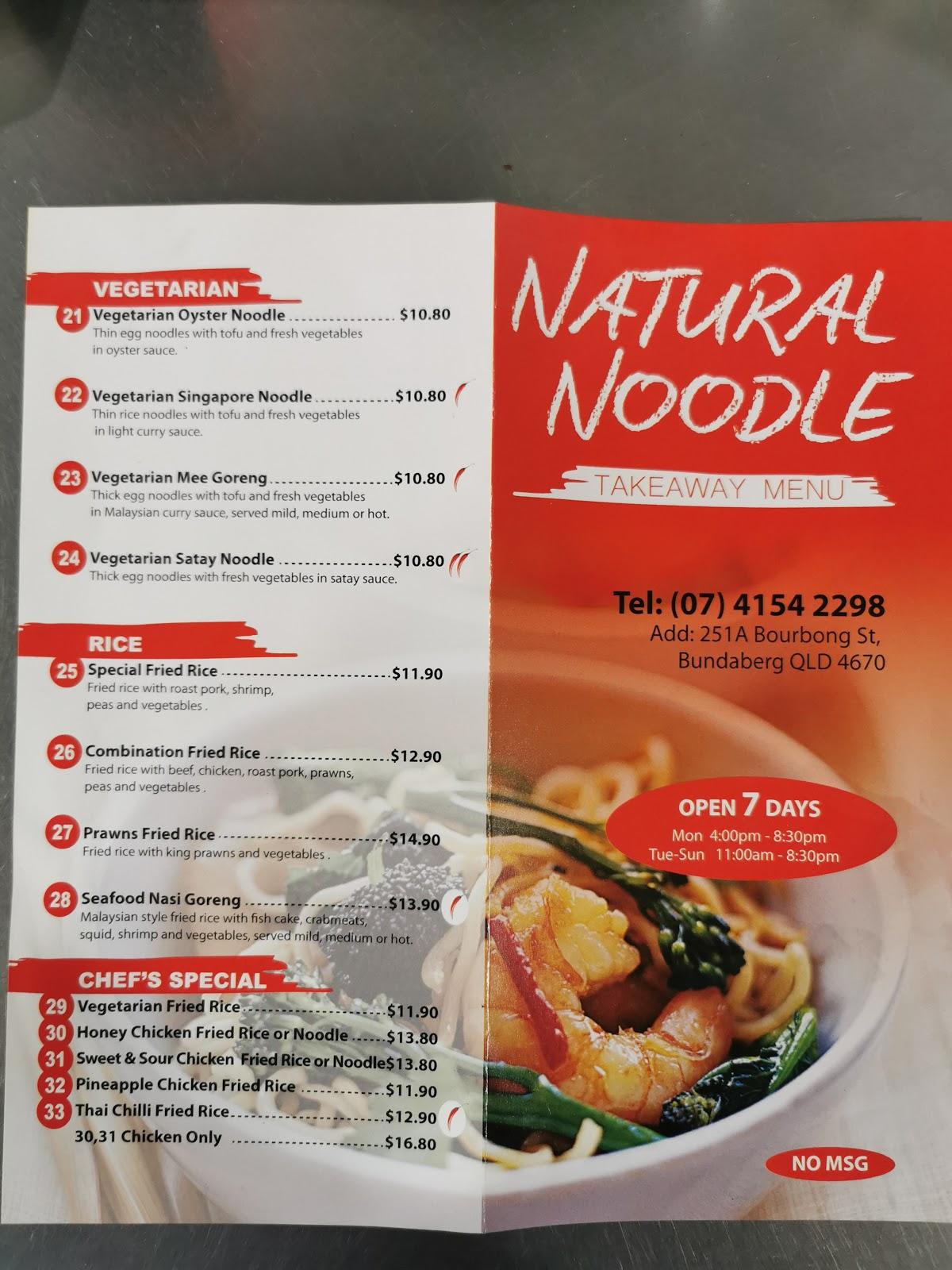 Menu at Natural Noodle restaurant, Bundaberg Central