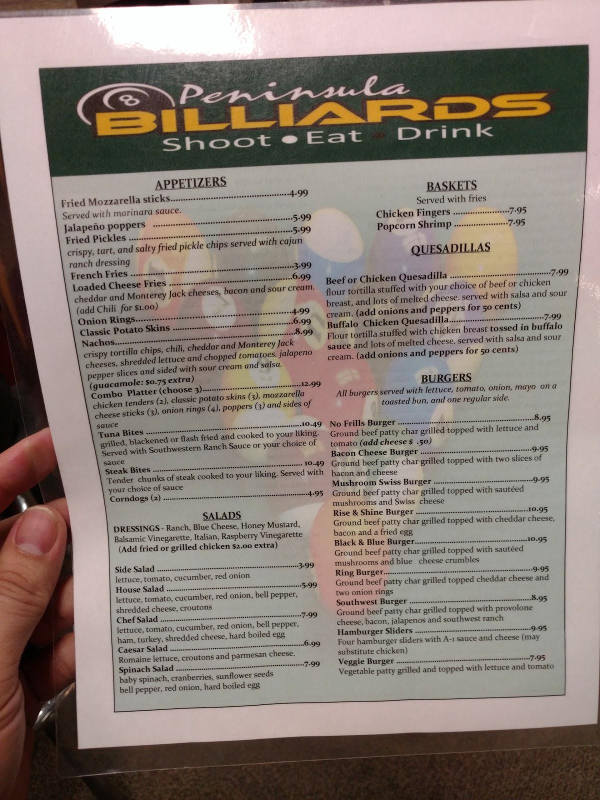 Menu at Peninsula Billiards, Newport News