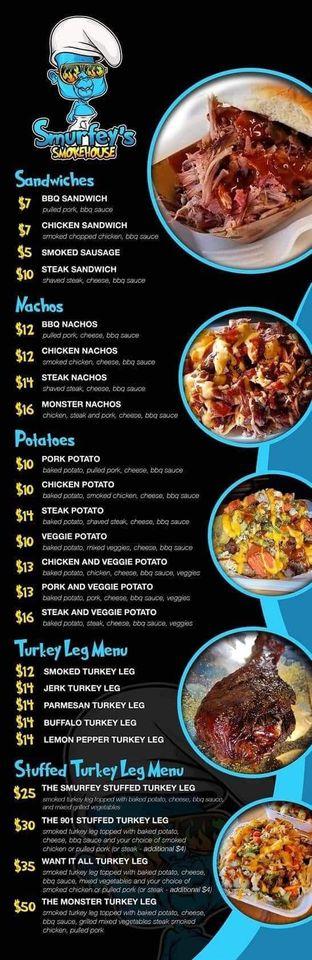Menu at Smurfey's Smokehouse restaurant, Memphis