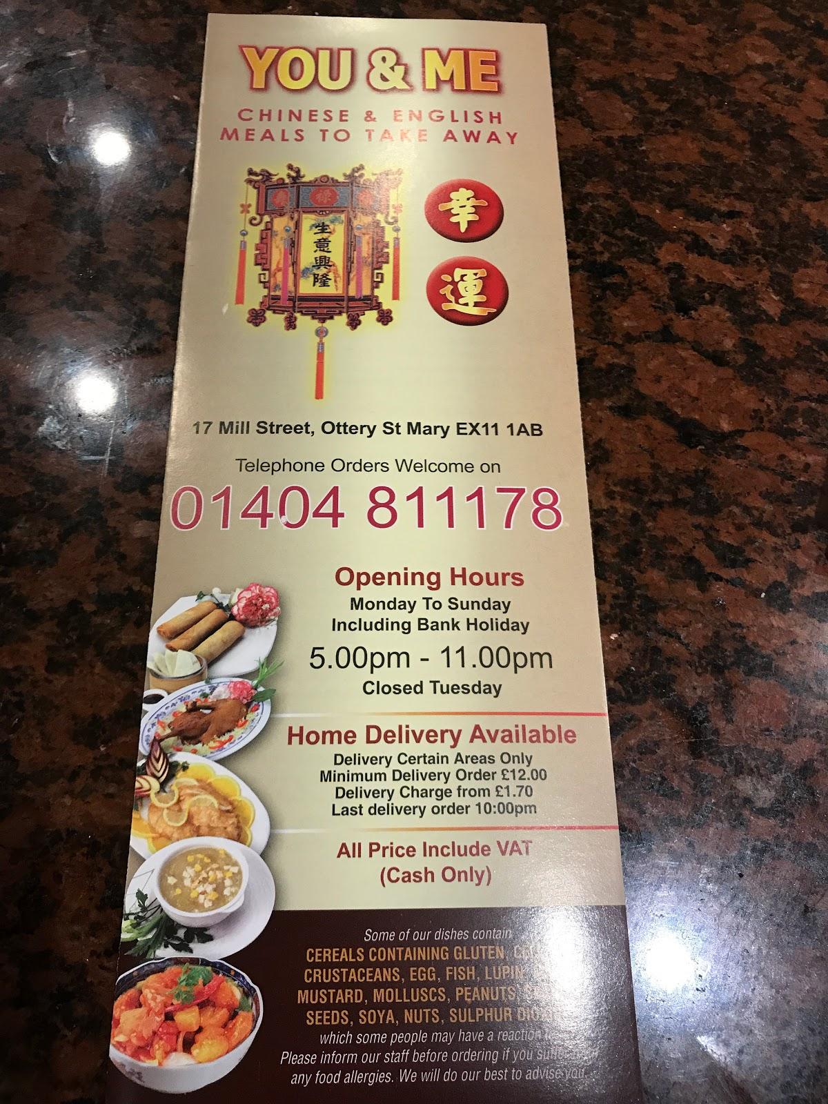Menu at You & Me Chinese Takeaway fast food, Ottery Saint Mary