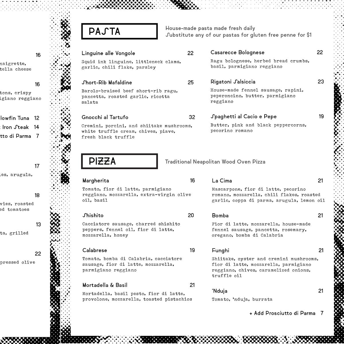 Menu at Cima Enoteca restaurant, Burlington