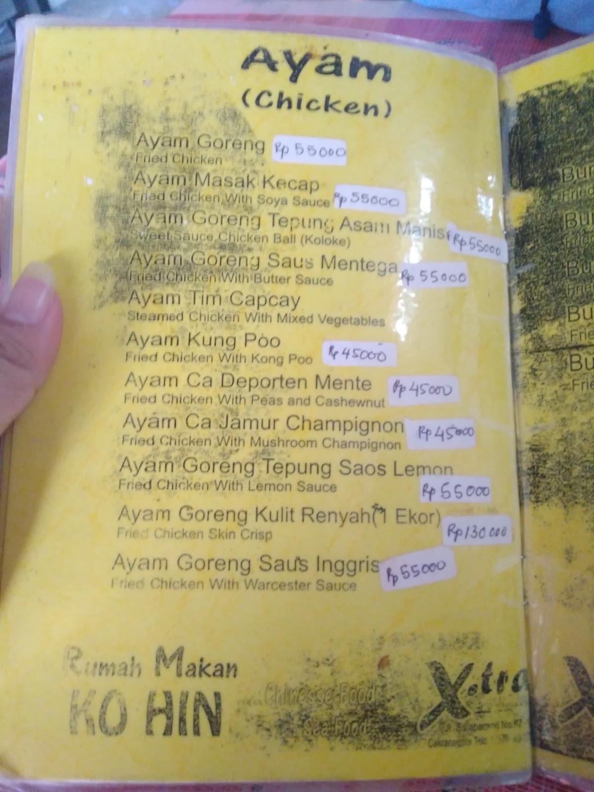 Menu at Ko Hin Chinese Food and Seafood restaurant, Mataram