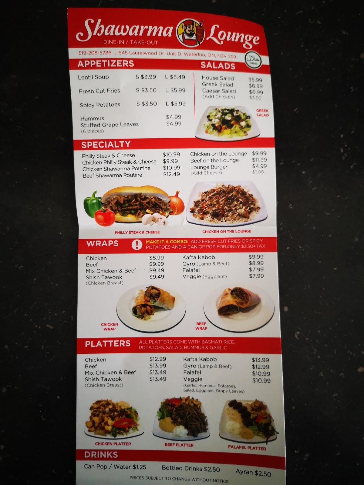 Menu at Shawarma Lounge restaurant, Waterloo