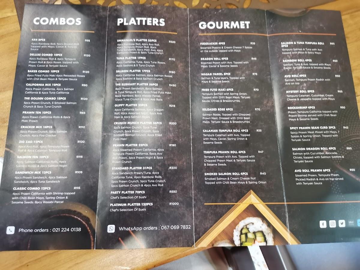 Menu at The Sushiary for The Halaal Sushi restaurant, Cape Town