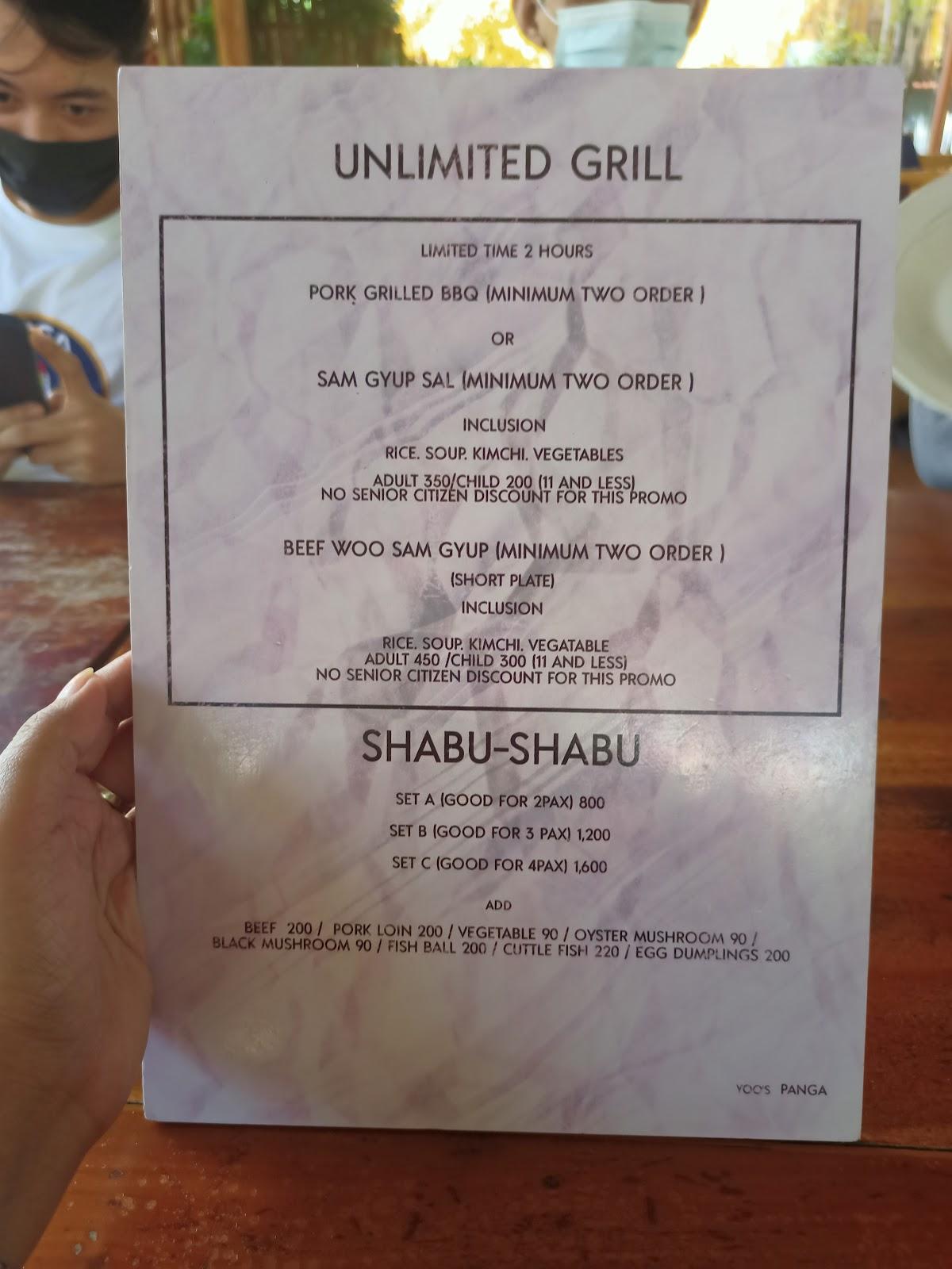 Menu at Yoos Panga restaurant, Panglao