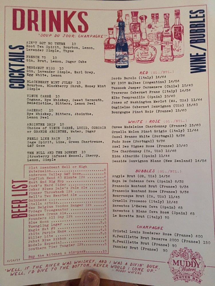 Menu at Muddy Waters Oyster Bar, Pittsburgh