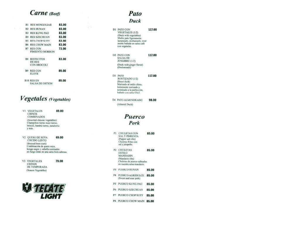 Carta del restaurante Dong Fong, Ciudad Juarez