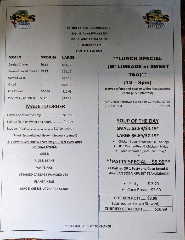 Menu at St. Bess Finest Cuisine restaurant, Douglasville