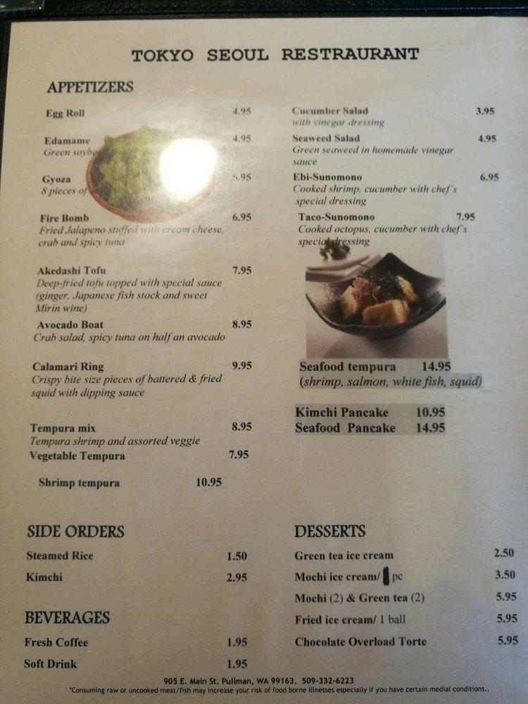 Menu at Tokyo Seoul restaurant, Pullman