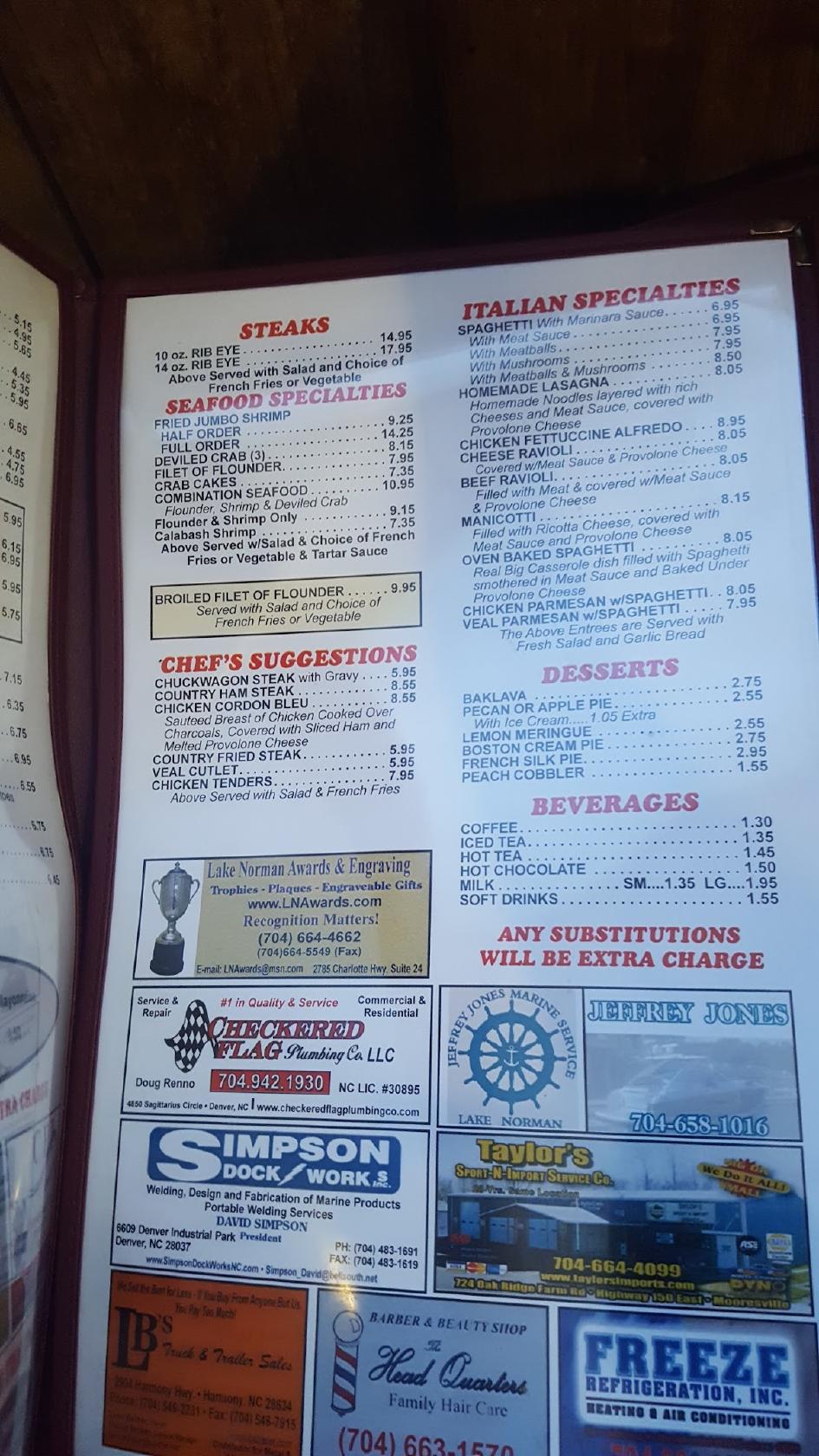 Menu at Trackside Restaurant, Mooresville