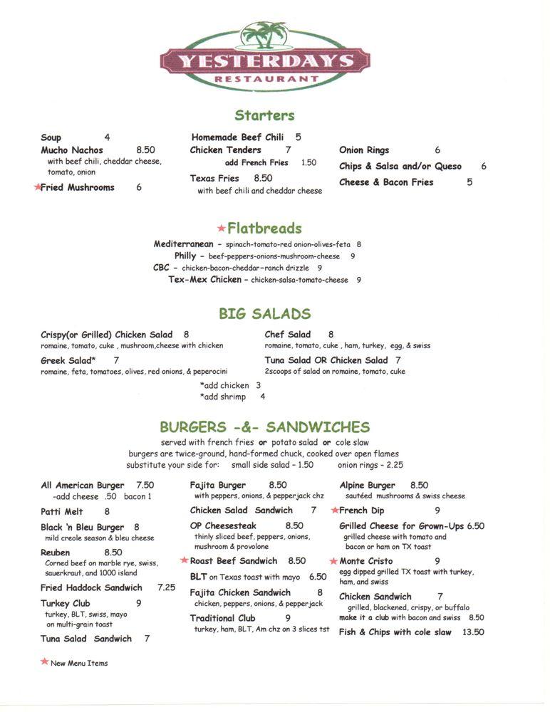 Menu at Yesterdays Restaurant, Ocala, NW 26th St enter from main gate off