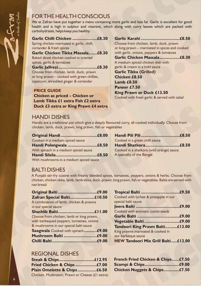 Menu at Zafran Indian Restaurant, Neath