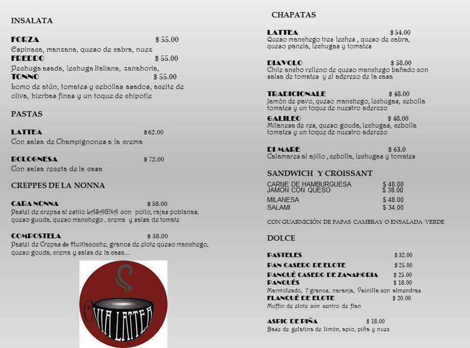 Menu at via lattea caffè restaurant, Mexico City