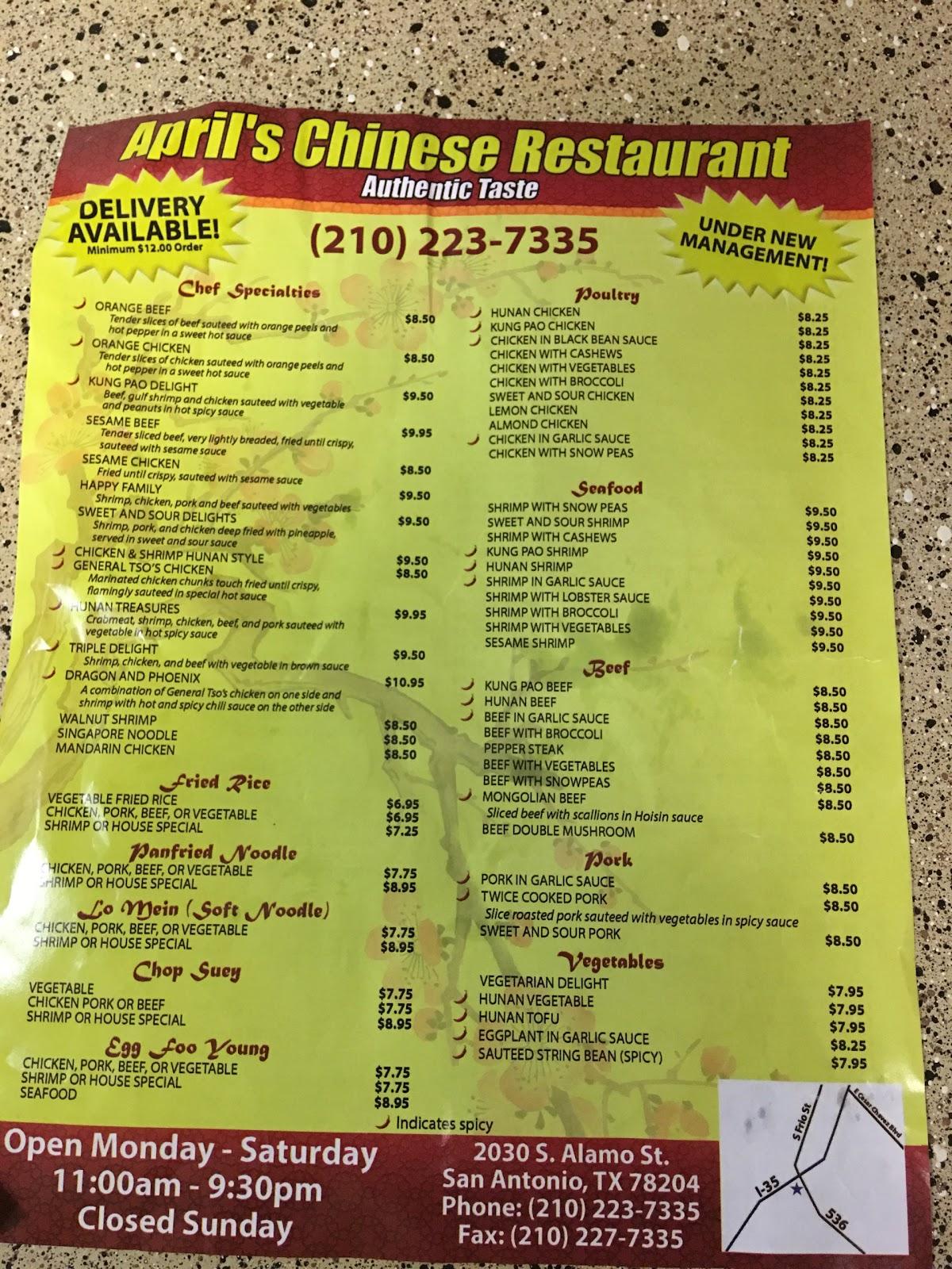Menu at April's Chinese Restaurant, San Antonio
