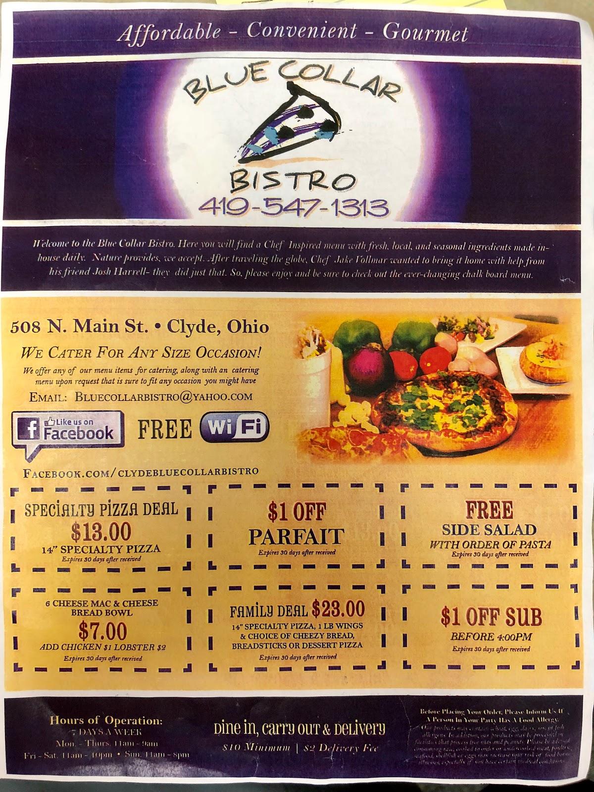 Menu at Blue Collar Bistro cafe, Clyde