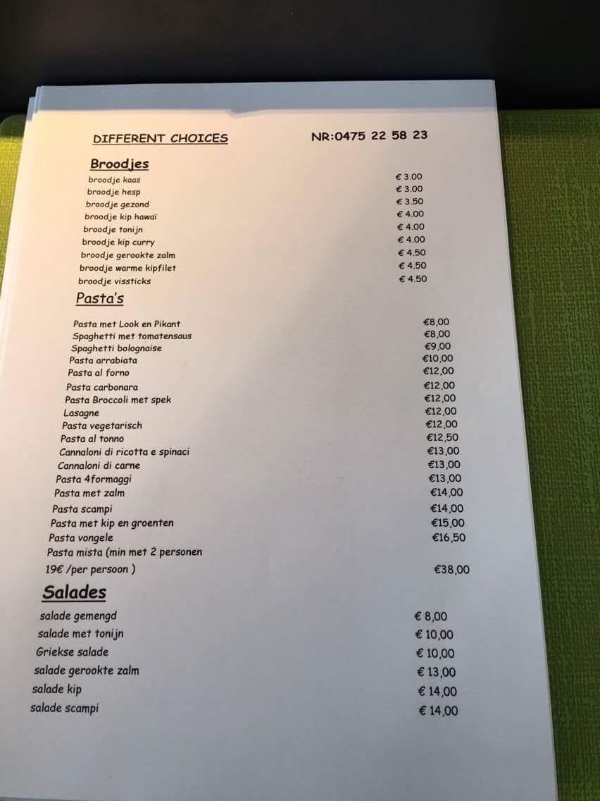 Menu at Different Choices, Maasmechelen