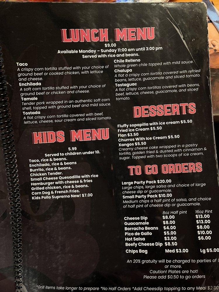 Menu at El Olmeca restaurant, Owens Cross Roads, US-431 S