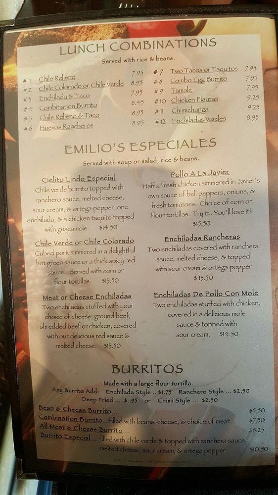 Menu at Emilio's Restaurant, San Jacinto