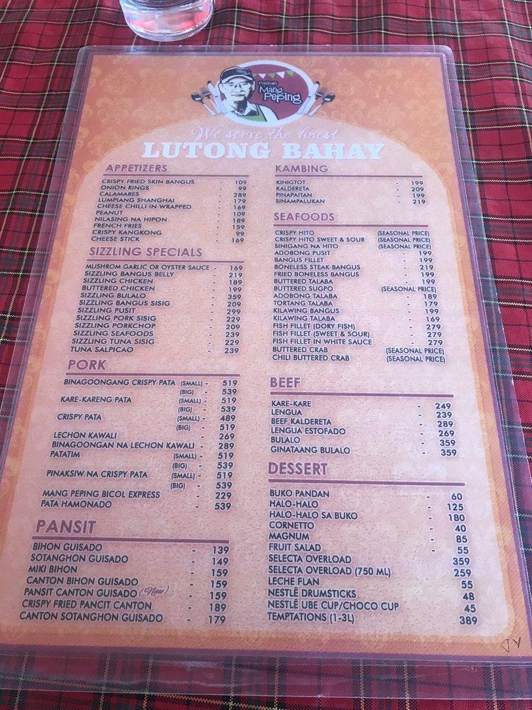 Menu at Kainan ni Mang Peping, Mangaldan