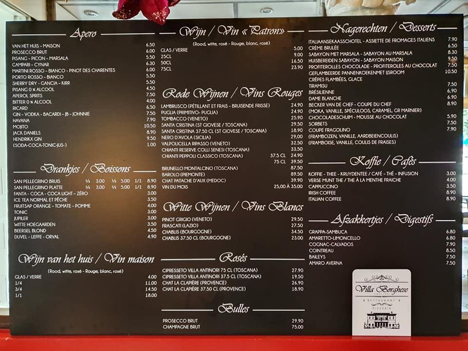 Menu at La Villa Borghese, Beersel