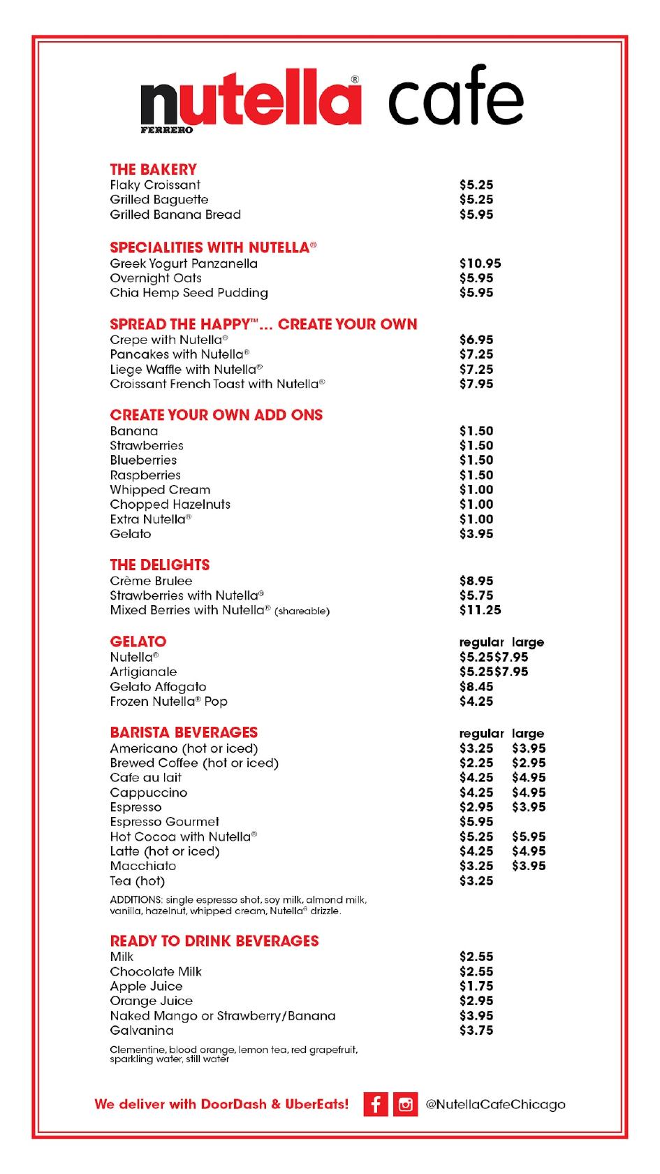Menu at Nutella Cafe Chicago, Chicago