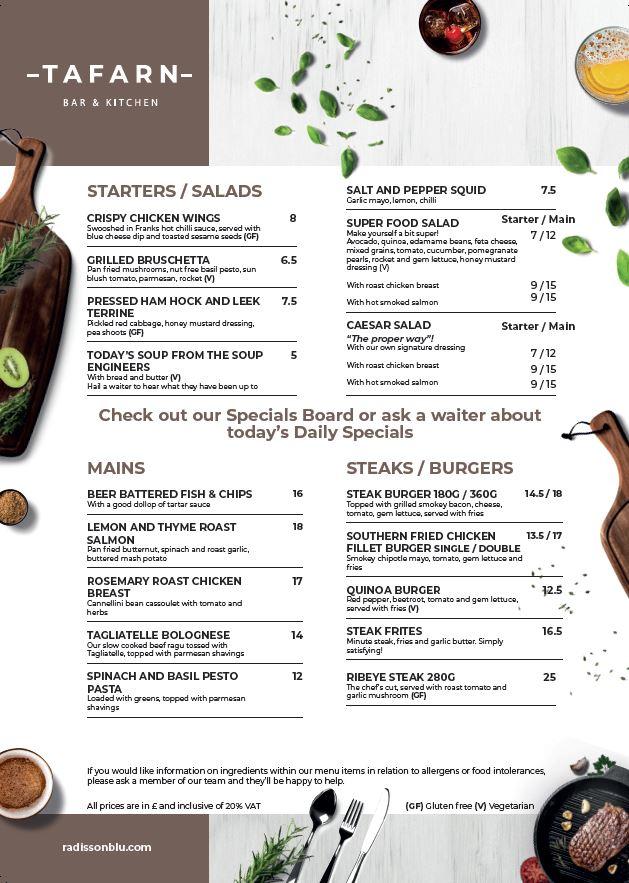 Menu at Tafarn Bar and Kitchen, Cardiff, Radisson S A S