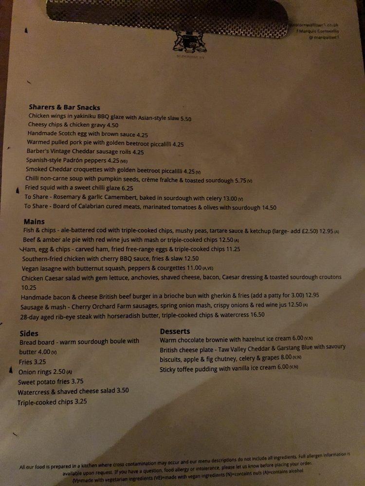 Menu at The Marquis Cornwallis pub & bar, London