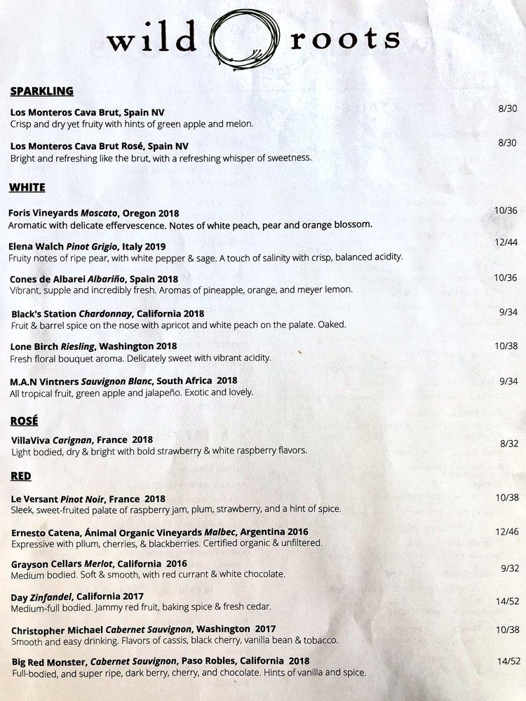 Menu at Wild Roots Restaurant, West Allis