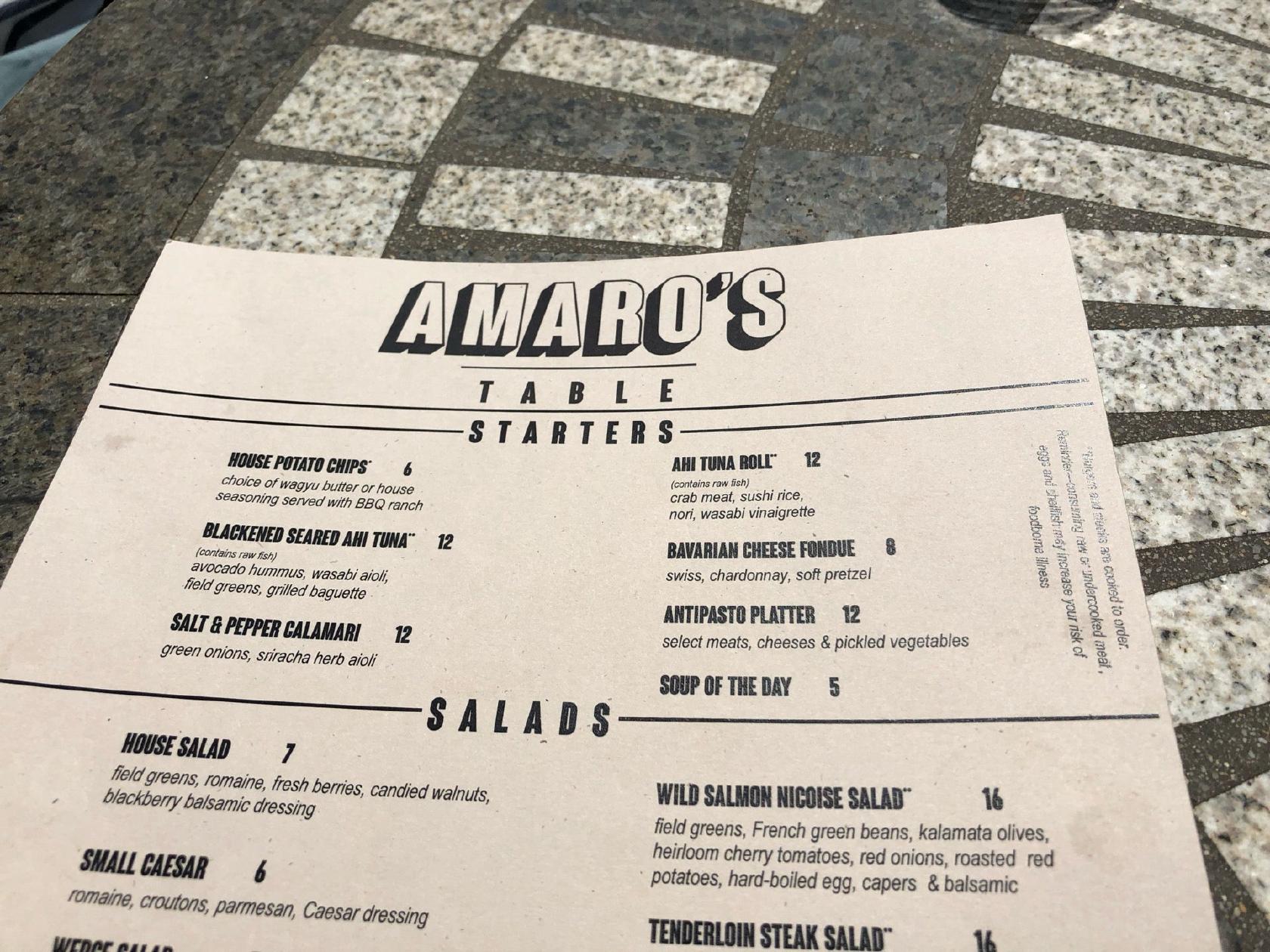 Menu at Amaro’s Table Downtown pub & bar, Vancouver