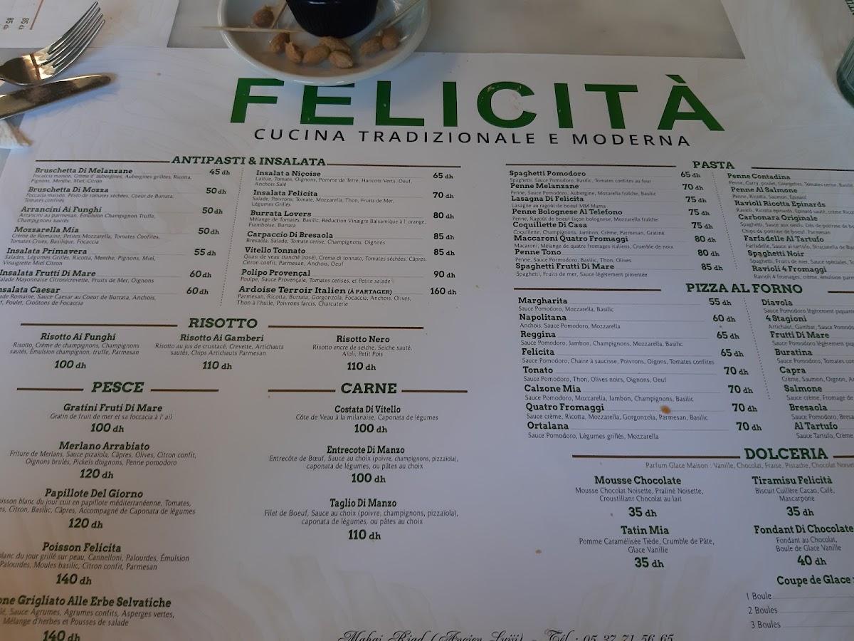 Menu au Felicita restaurant, Rabat