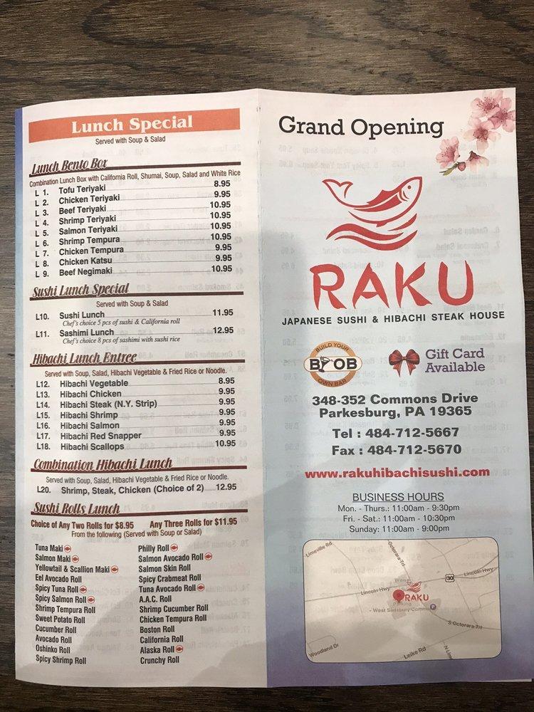Menu at Raku Hibachi & Sushi restaurant, Parkesburg