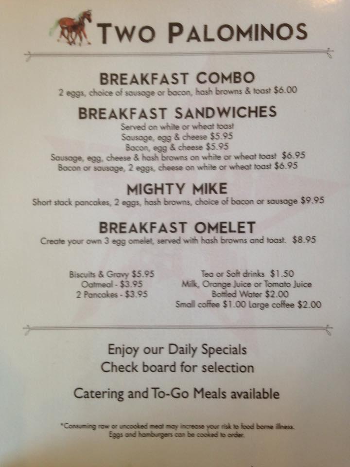 Menu at Two Palominos restaurant, Cunningham
