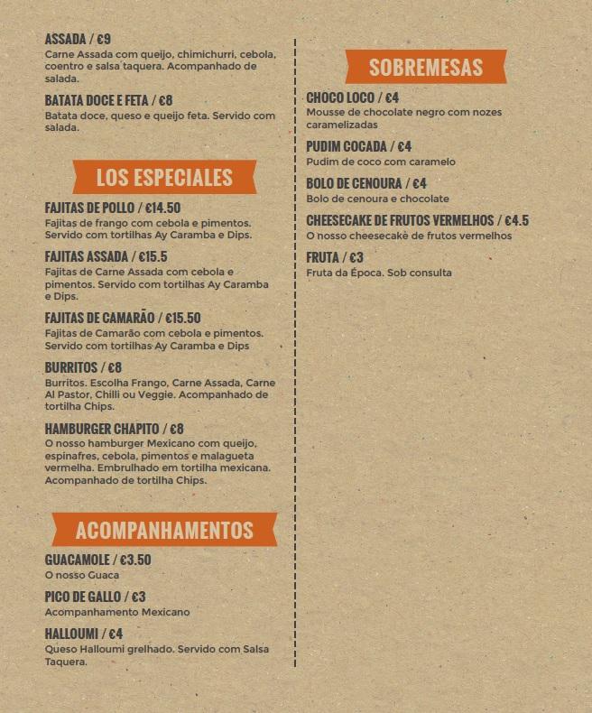 Menu at Ay Caramba restaurant, Almada