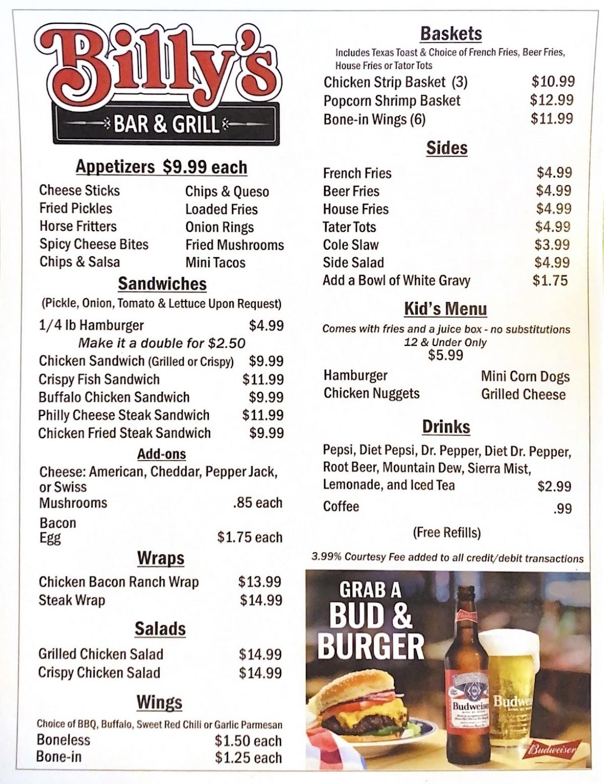 Menu at Billy's Bar & Grill, Neodesha