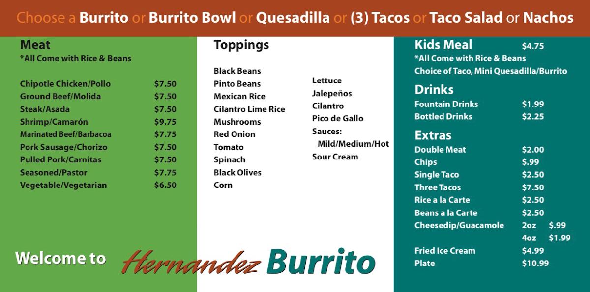Menu at Hernandez Burrito restaurant, Sauk Rapids