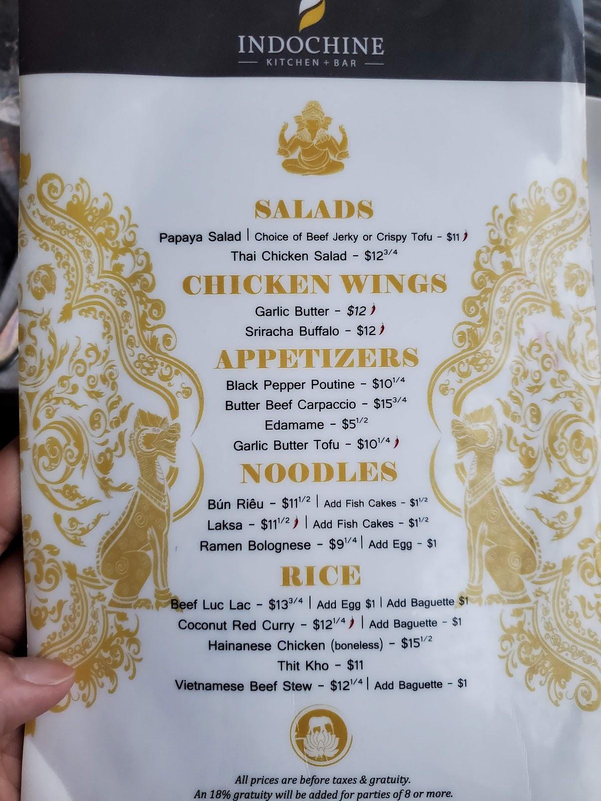 Menu at Indochine Kitchen + Bar, Vancouver, Fraser St
