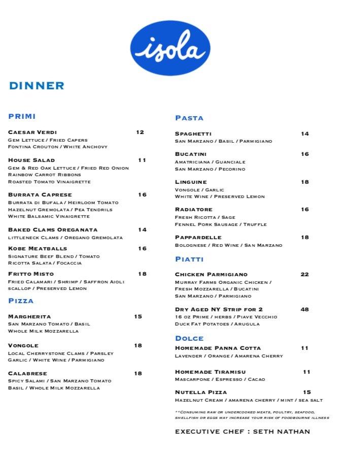 Menu at Isola pub & bar, Shelter Island Heights