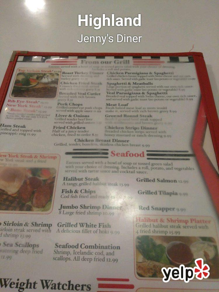 Menu at Jenny's Diner restaurant, Highland