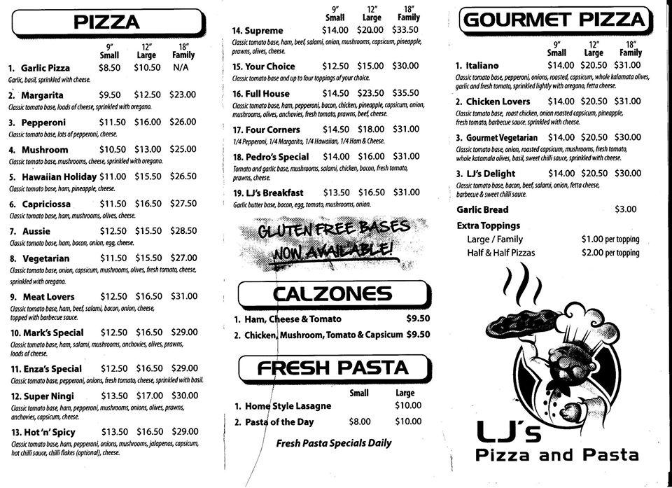 Menu at LJ's pizza and pasta restaurant, Sandstone Point