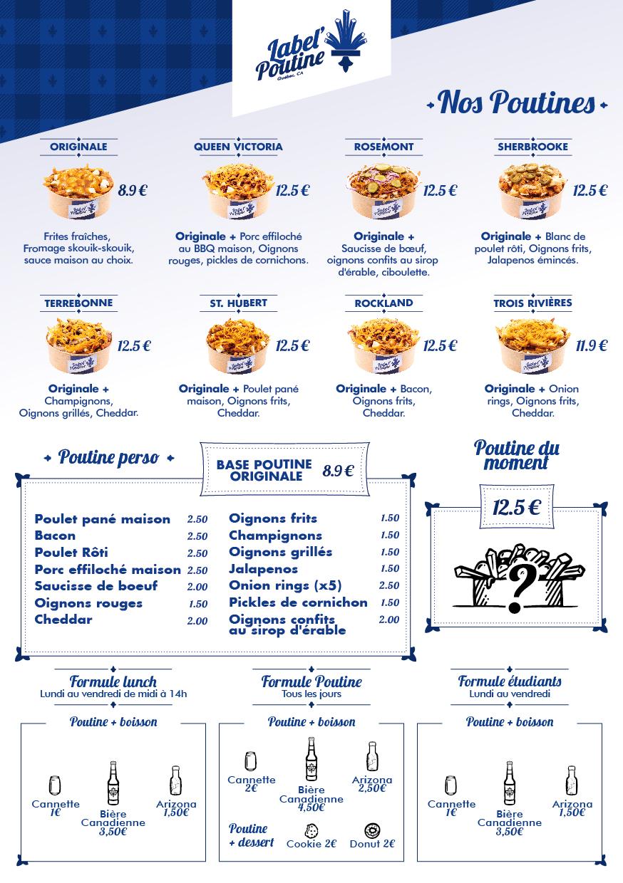 Menu at Label Poutine restaurant, Toulouse