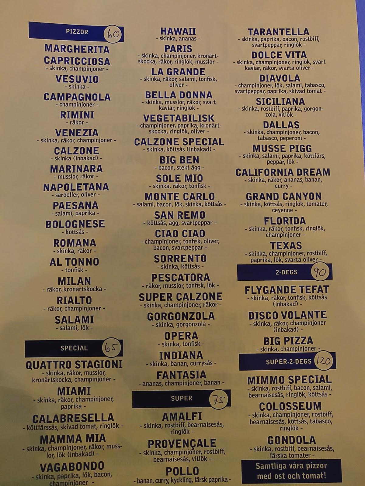 Menu at Mimmos Pizzeria, Södertälje