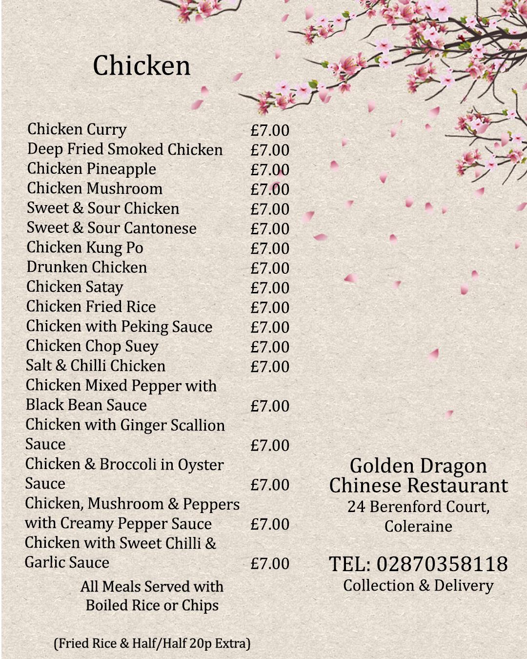Menu at The Golden Dragon restaurant, Coleraine