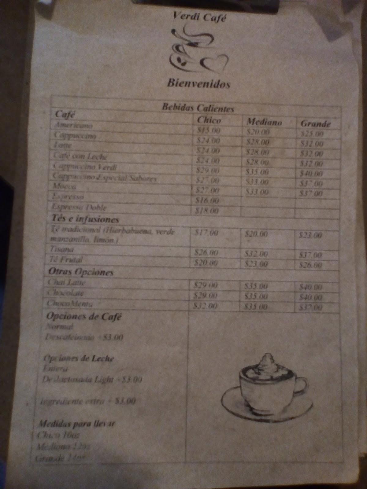 Menu at Verdi Café, Mexico City