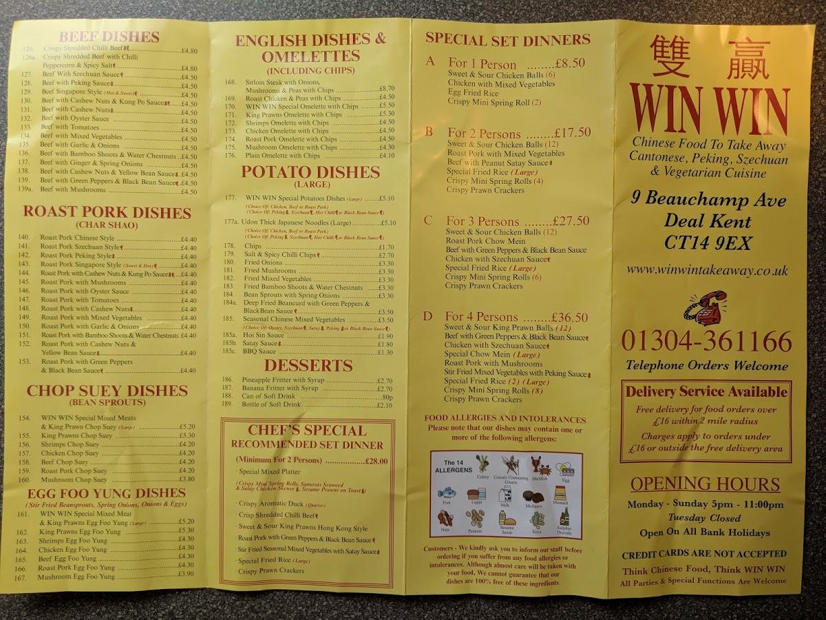 Menu at Win Win Chinese Takeaway restaurant, Deal