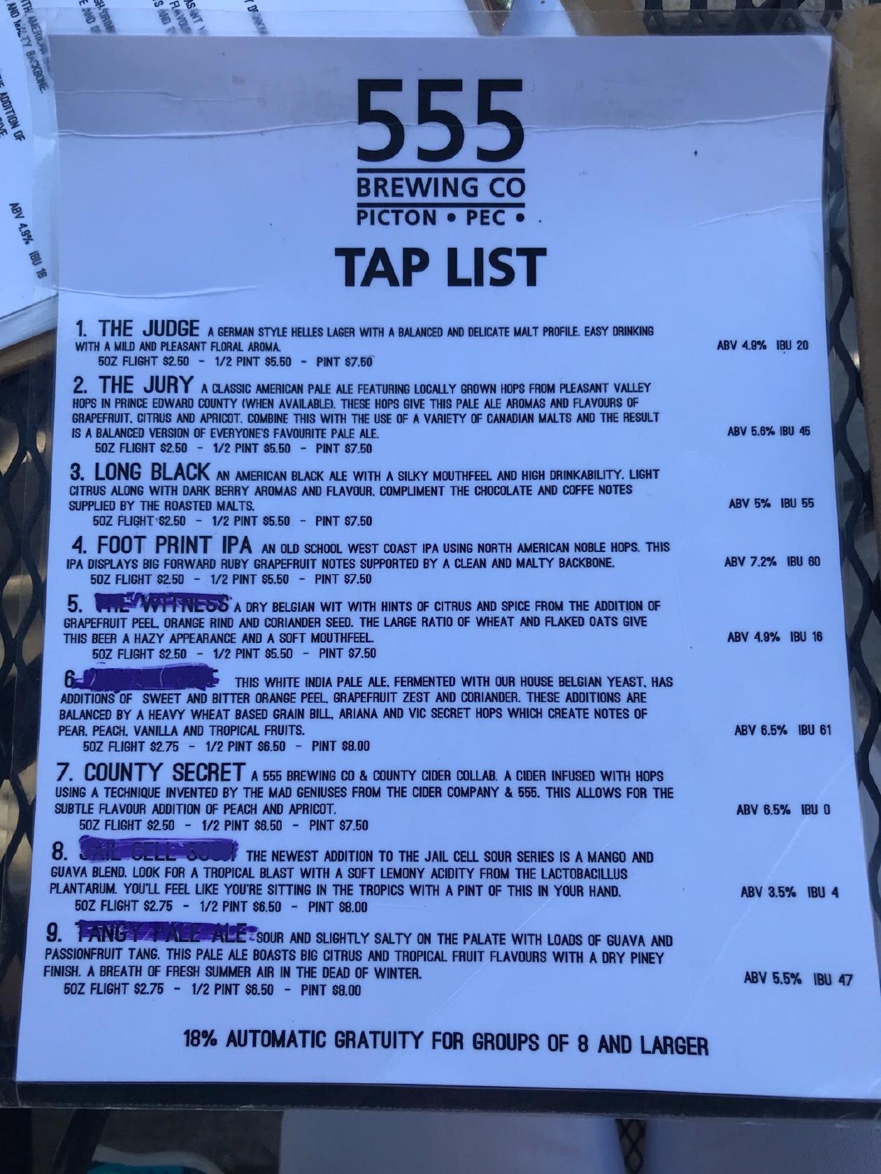 Menu at 555 Brewing Co pub & bar, Prince Edward, 124 Picton Main St